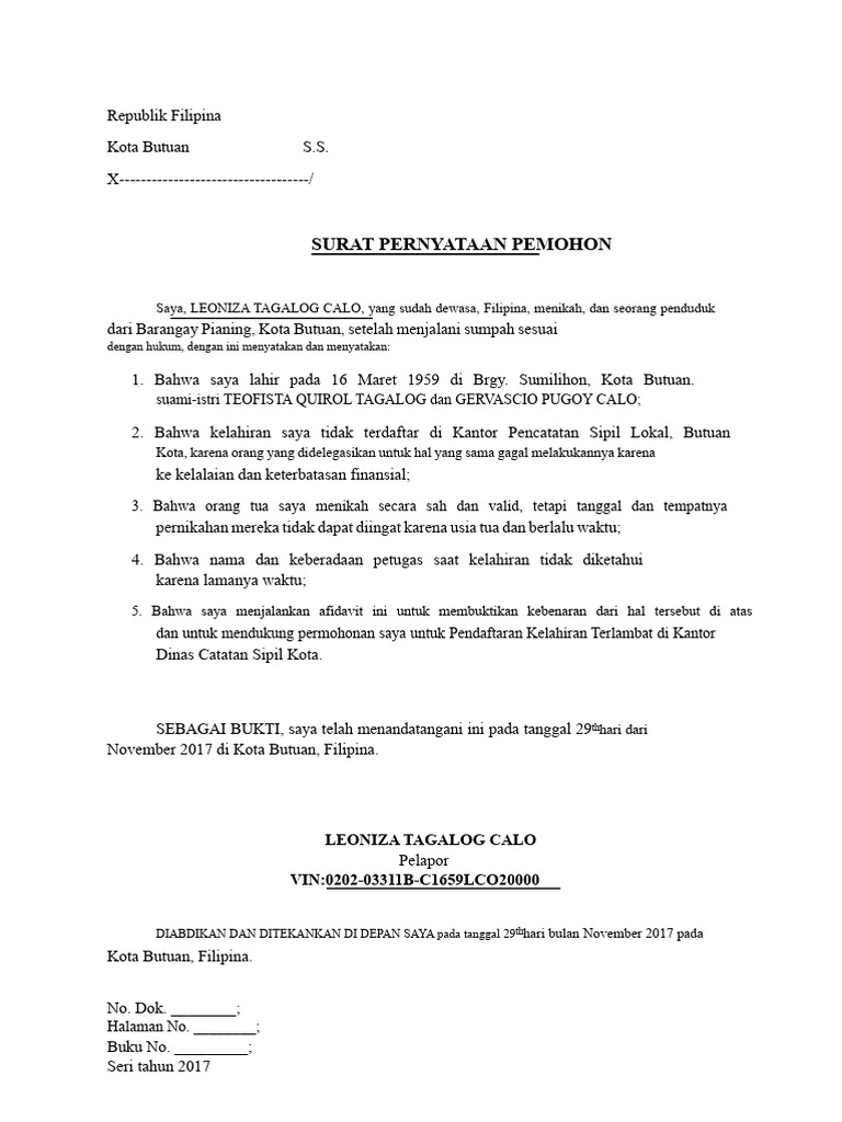 Afidavit Pemohon Calo (Pernikahan & Hilot Tidak Diketahui) | PDF