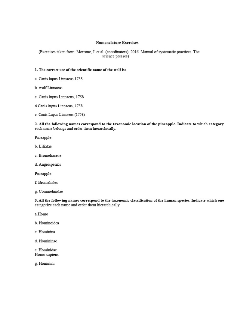 Nomenclature (Systematics) Exercises | PDF | Taxonomy (Biology) | Biology