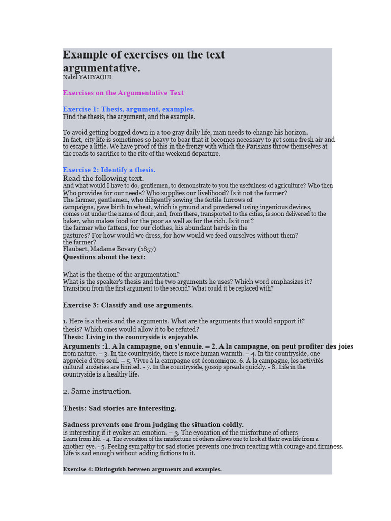 Example of exercises on argumentative text | PDF