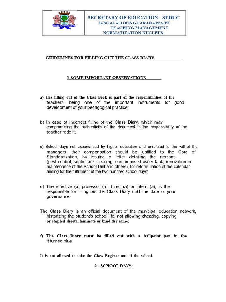 Guidelines For Filling Out The Class Diary 2010 | PDF | Teachers ...