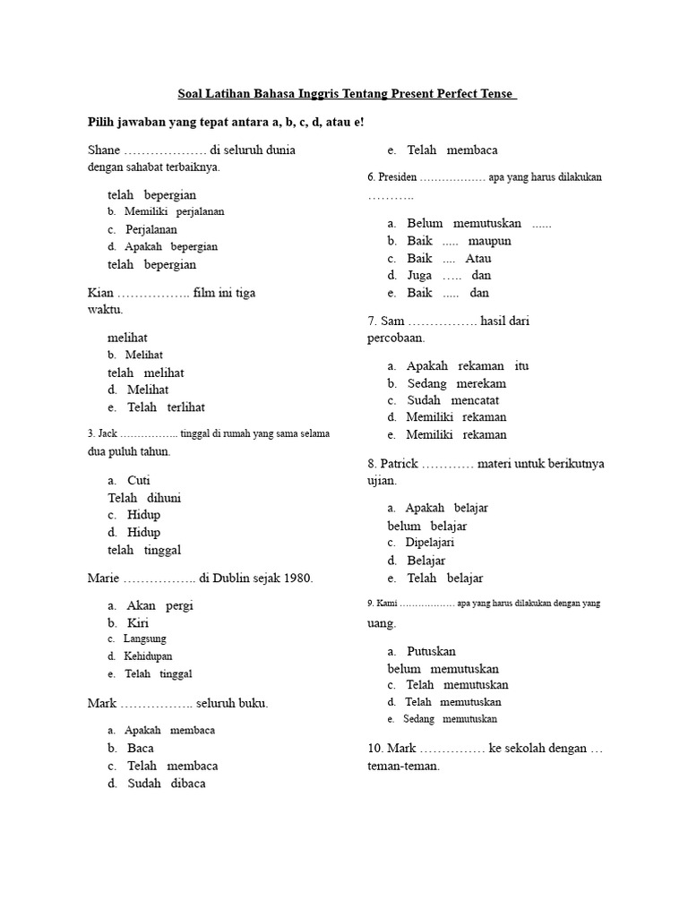 Soal Latihan Bahasa Inggris Tentang Present Perfect Tense | PDF