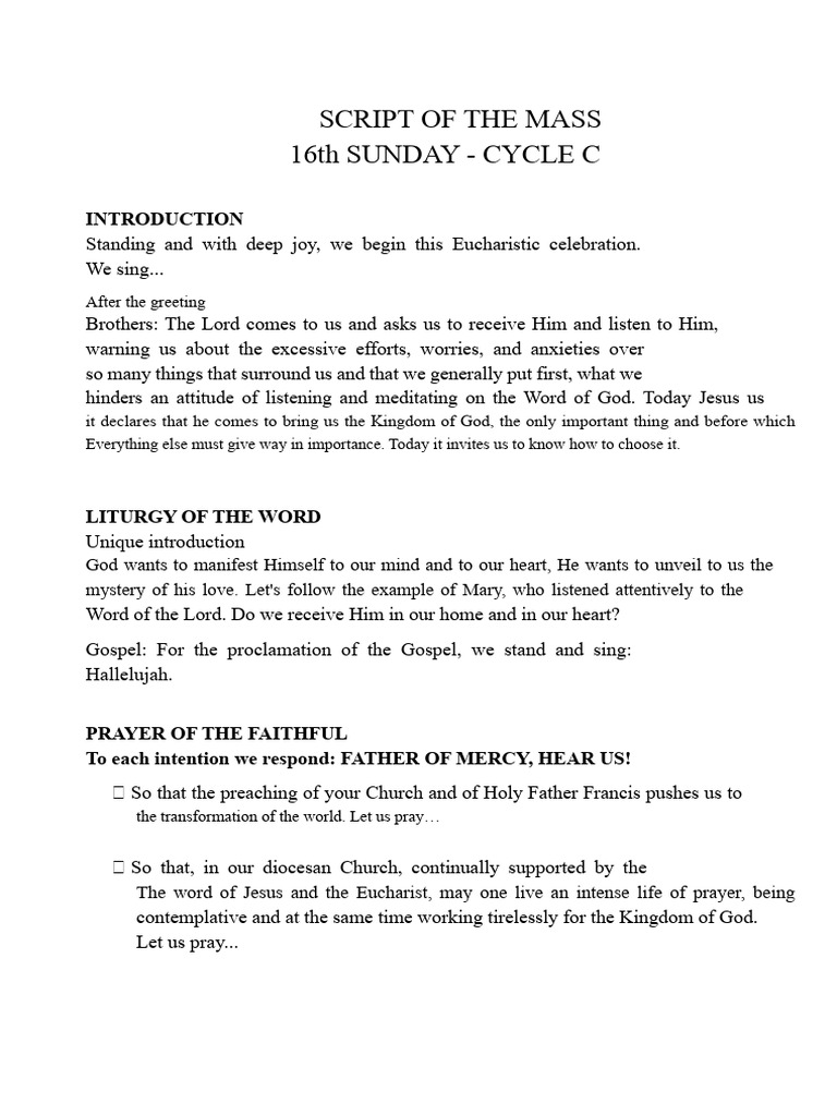 16th Sunday in Ordinary Time - Cycle C | PDF | Eucharist | Mass (Liturgy)