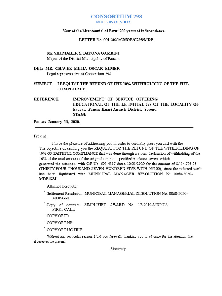 Letter of Return of 10% Withholding | PDF