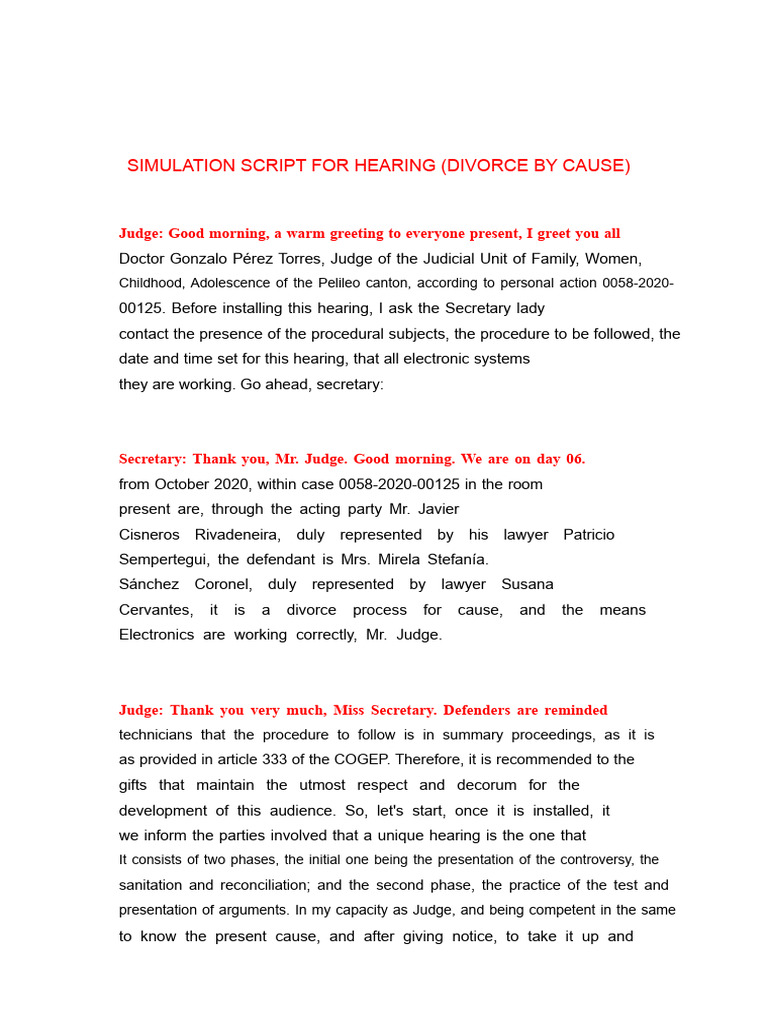 Divorce Hearing Simulation Script | PDF | Witness | Judge