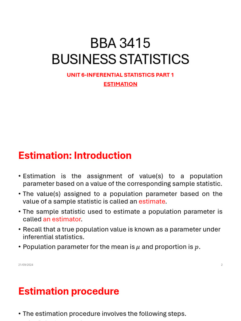 UNIT 6-BBA3415_INFERENTIAL STATISTICS__1_ESTIMATION | PDF | Confidence ...