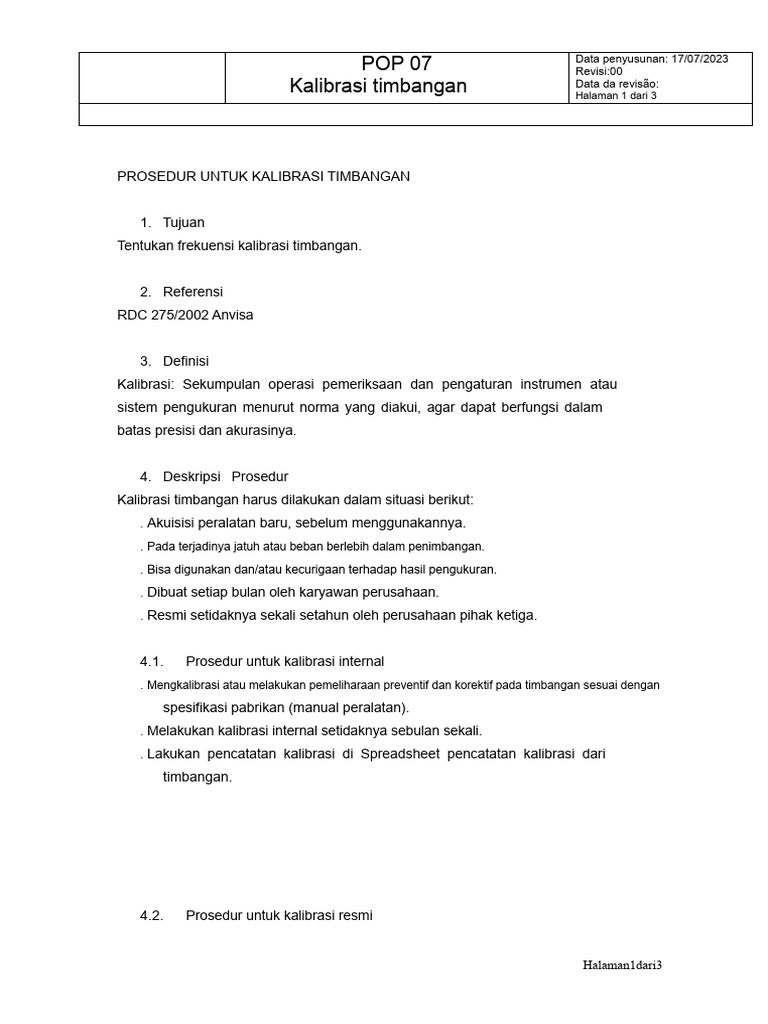 POP 07 - Prosedur Untuk Kalibrasi Timbangan | PDF