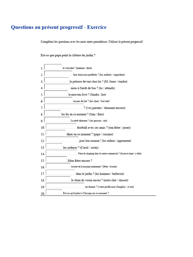 Questions et exercices sur le présent progressif | PDF