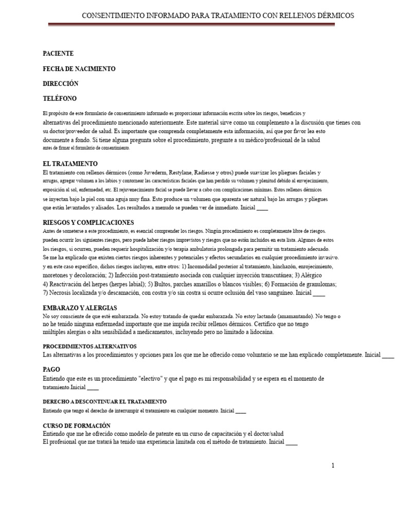 Formulario de Consentimiento para Relleno Dérmico | PDF | Consentimiento informado ...