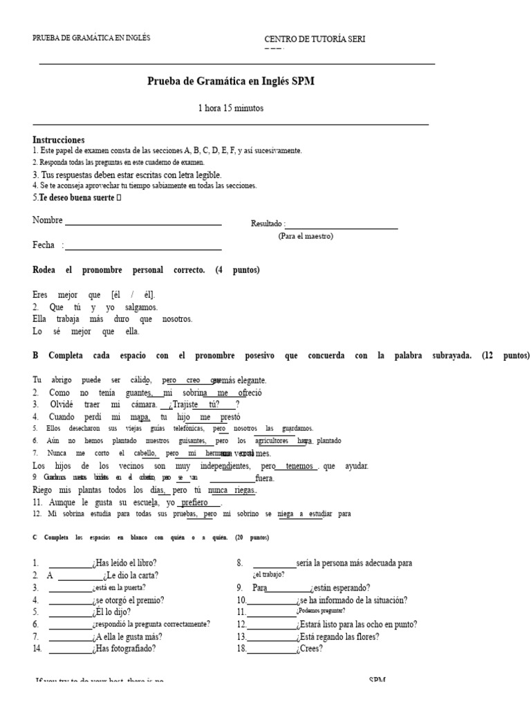 Prueba de Gramática en Inglés de SPM | PDF | Pronombre | Lingüística