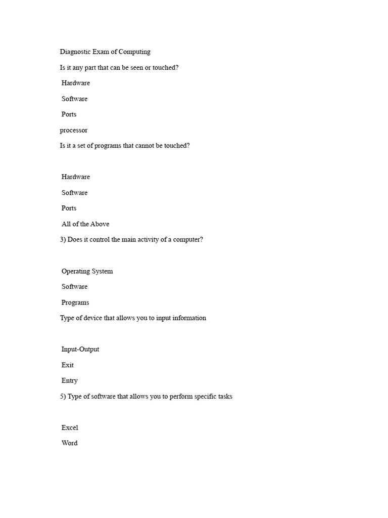 Diagnostic Exam Of Computing Pdf Computer Hardware Microsoft Word