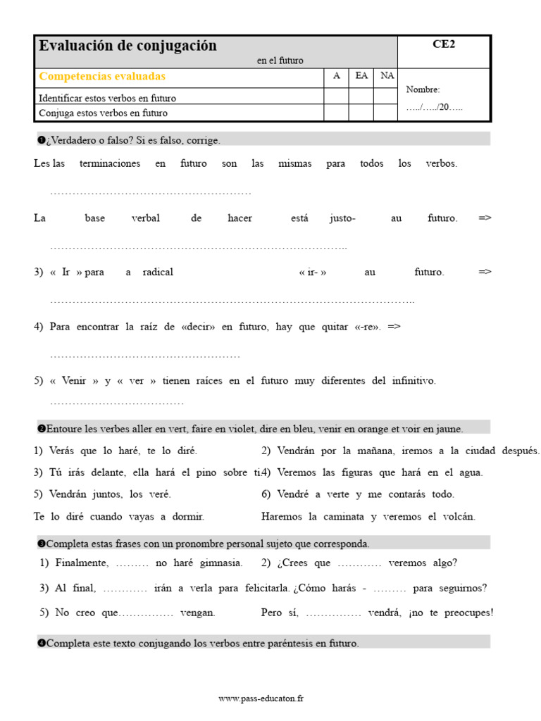 Evaluación Ce2 Sobre El Futuro de Los Verbos Ir Ver Venir Decir y Hacer ...