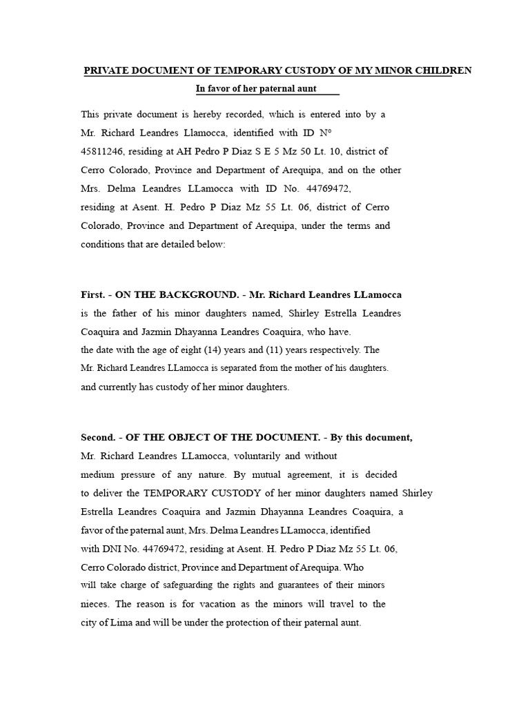 Temporary Custody Agreement for Minors | PDF