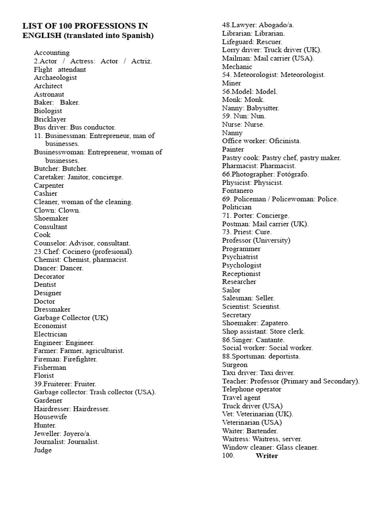 100 Professions in English and Spanish | PDF