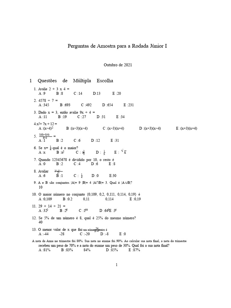COMPETIÇÃO AIMS-Matemática-Junior-Round1-Amostra | PDF