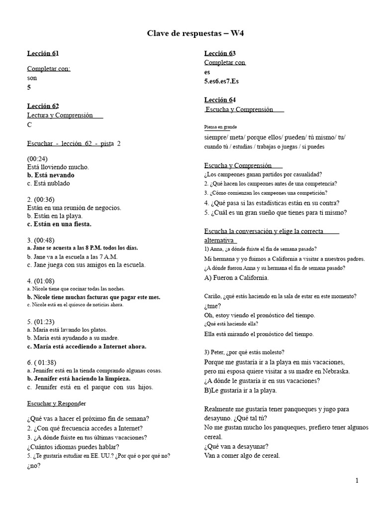 Clave de Respuestas W4: Lecciones y Ejercicios | PDF