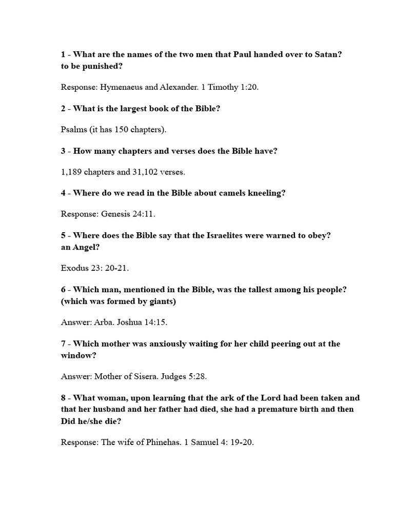 Bible Quiz For Biblionary Contest | PDF | Books Of Samuel | Bible