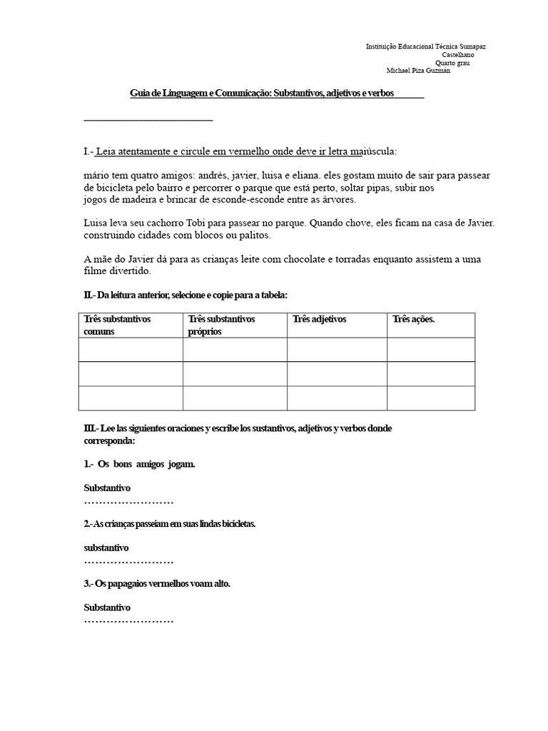 Guia Substantivos Adjetivos e Verbos | PDF