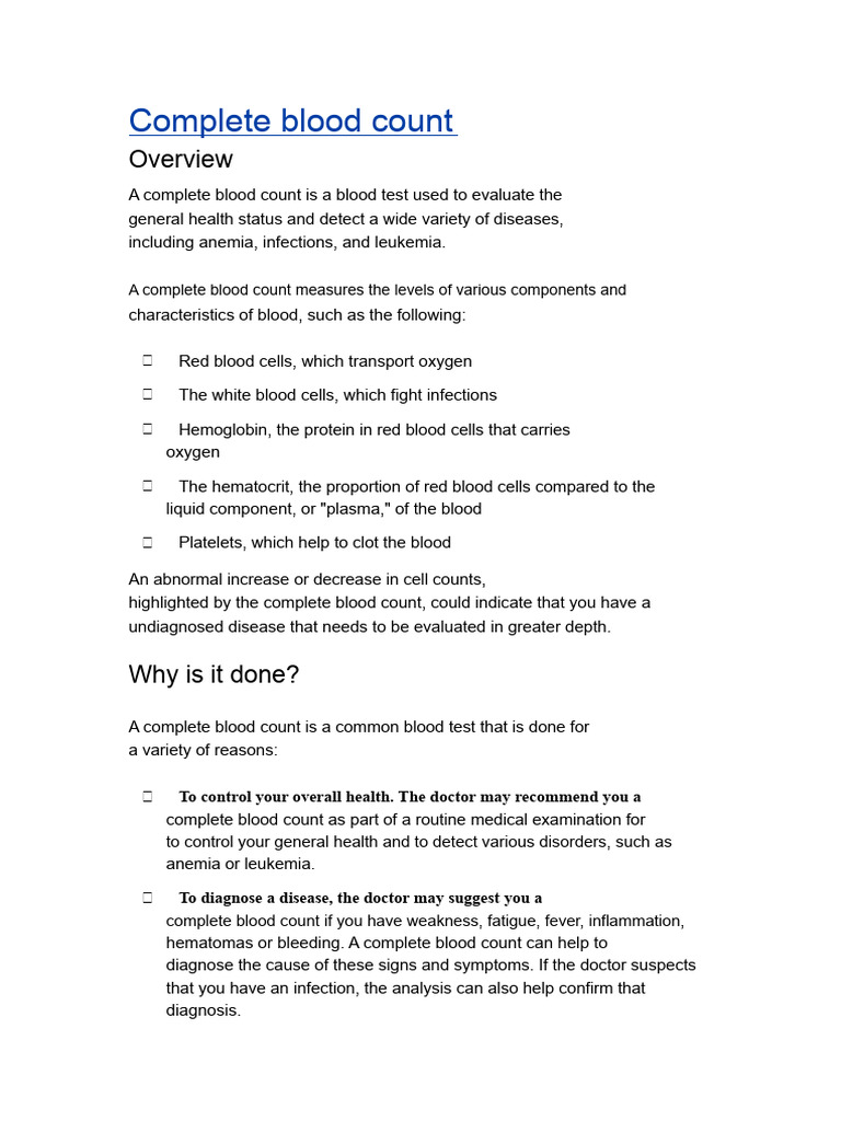 Complete blood count | PDF | Blood Cell | Anemia