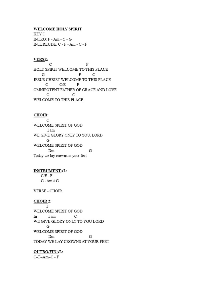 Welcome Holy Spirit Chords & Lyrics | PDF