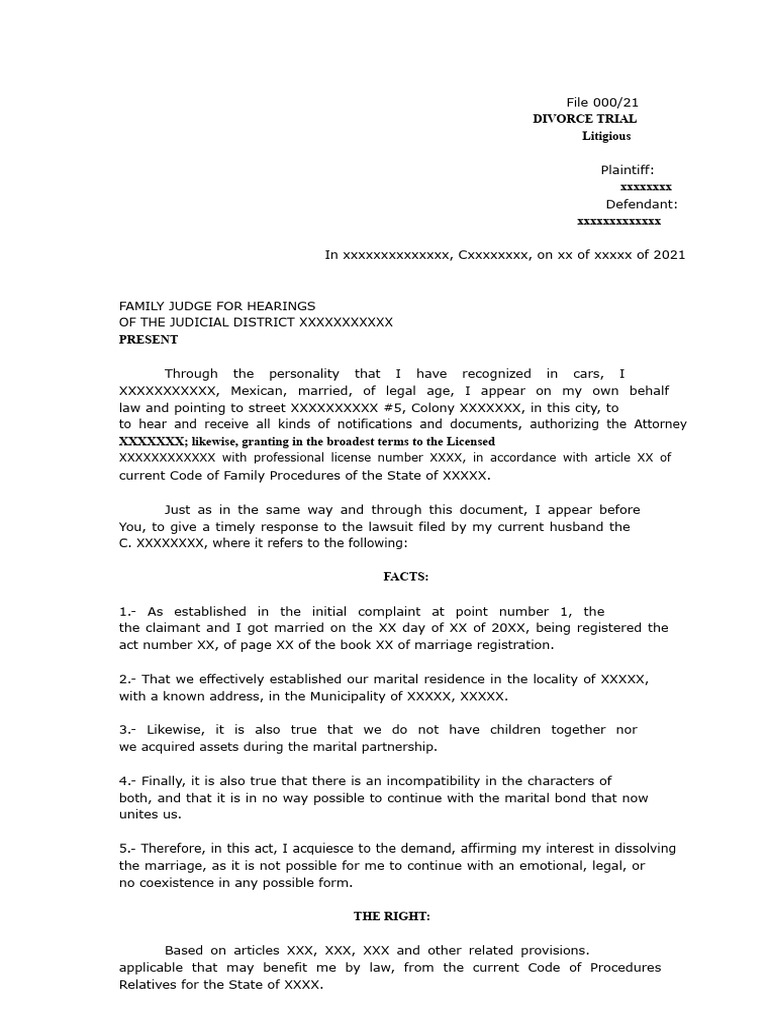 Divorce Trial Response Document | PDF | Lawsuit | Complaint