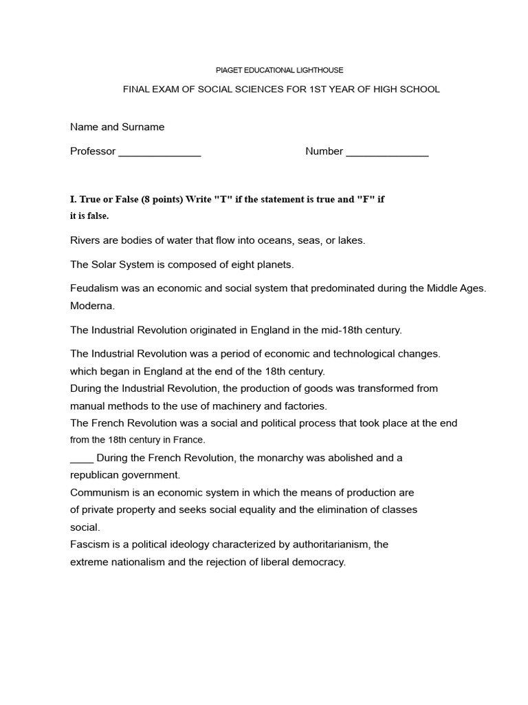 social sciences exam 1st year of secondary school | PDF | Republic ...