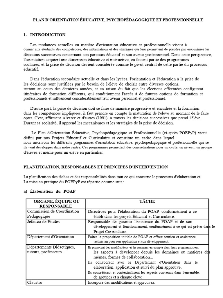 Plan d'Orientation Éducative et Professionnelle | PDF | Enseignants ...