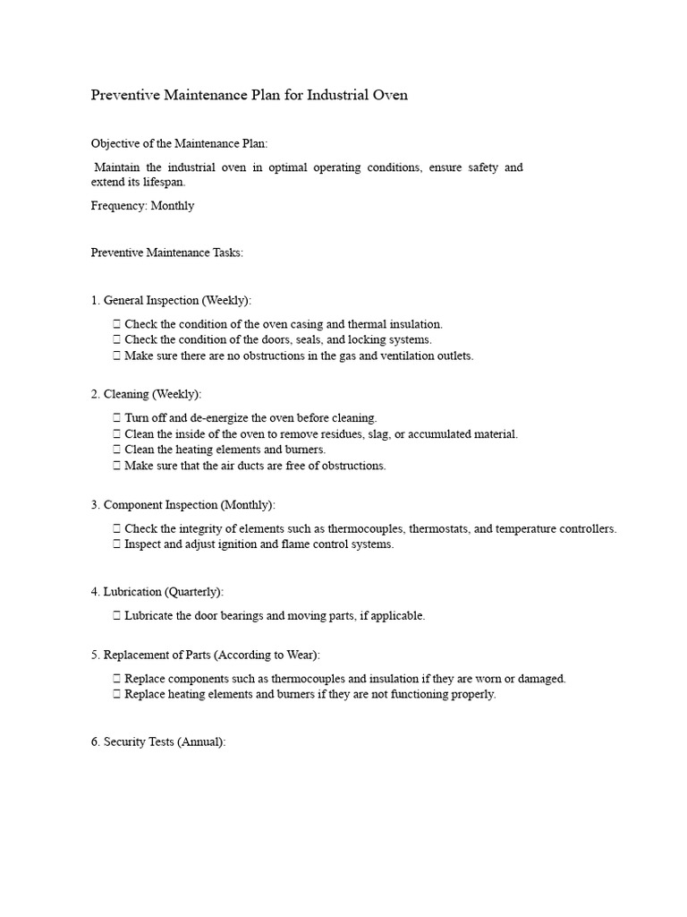 Industrial Oven Maintenance Checklist | PDF