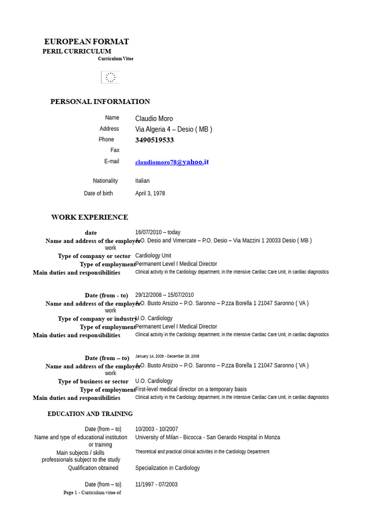 Claudio Moro - Medical CV in Cardiology | PDF | Catheter | Echocardiography