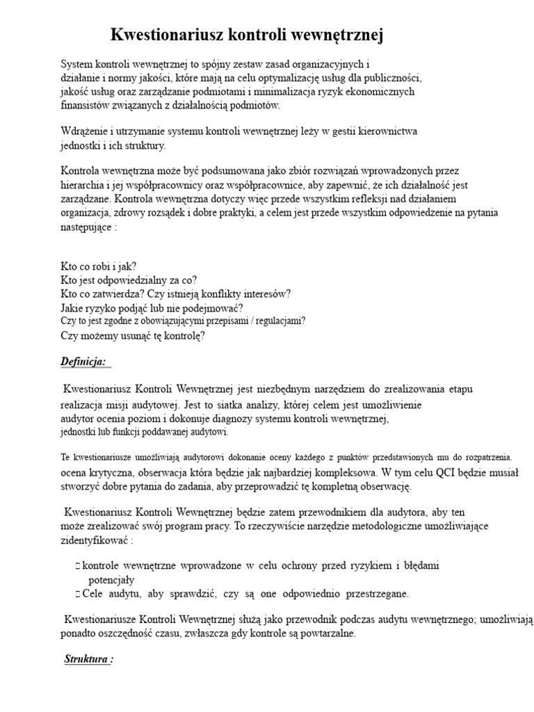 Kwestionariusz Kontroli Wewnętrznej 2 | PDF