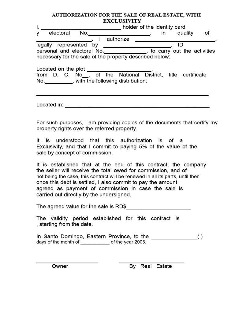 Authorization For Exclusive Property Sale | PDF