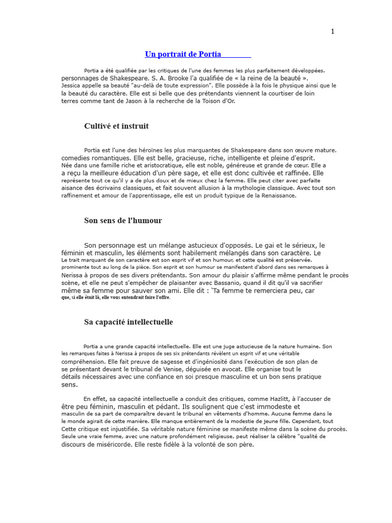 Portrait de Portia, héroïne de Shakespeare | PDF | Amour