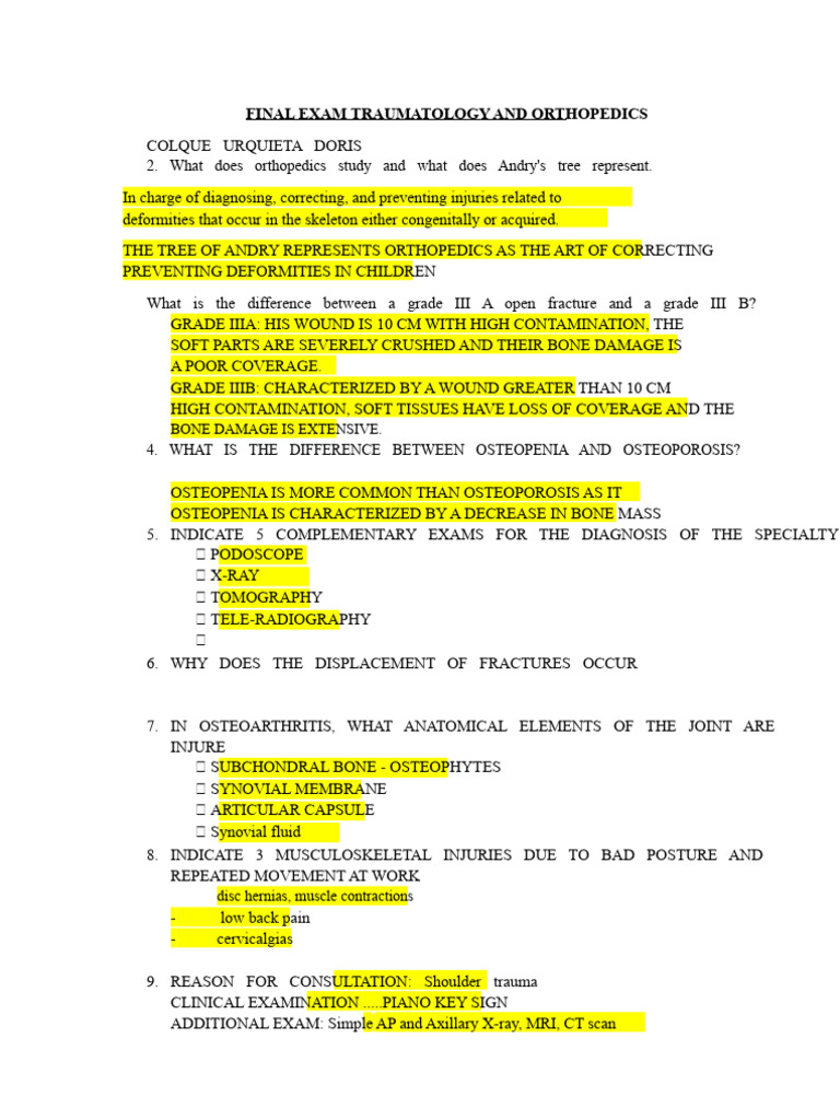 Final Exam Traumatology and Orthopedics | PDF | Orthopedic Surgery ...