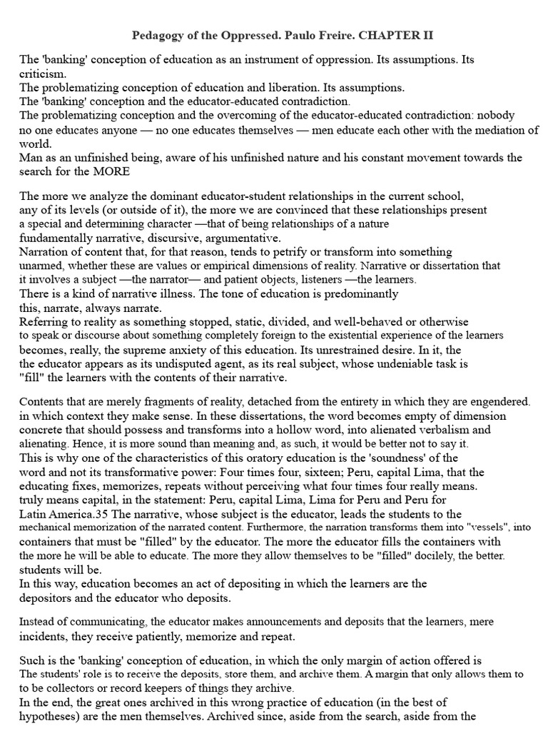 Summary of Pedagogy of The Oppressed Chapter 2 | PDF | Thought | Knowledge