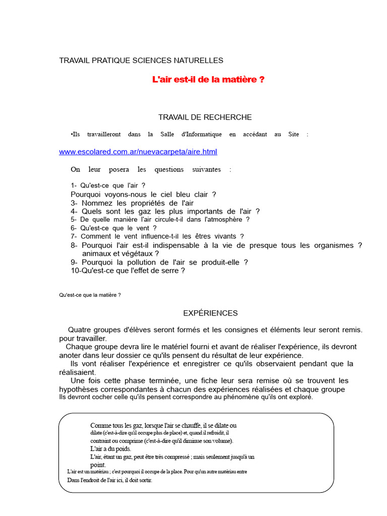 Projet Pour La Foire Des Sciences 6ème Année L'Air Est de La Matière ...