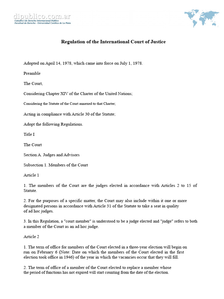 ICJ Regulations Overview and Structure | PDF | Presidents Of The United ...