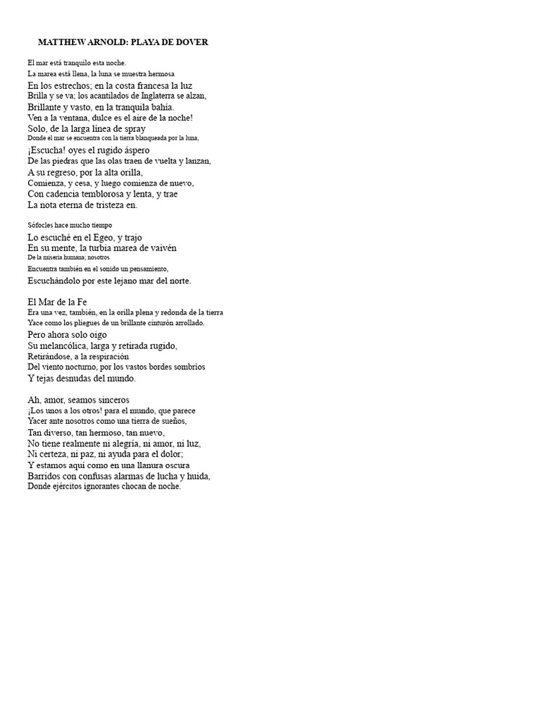 Poema "Dover Beach" de Matthew Arnold | PDF | Amor | Marea
