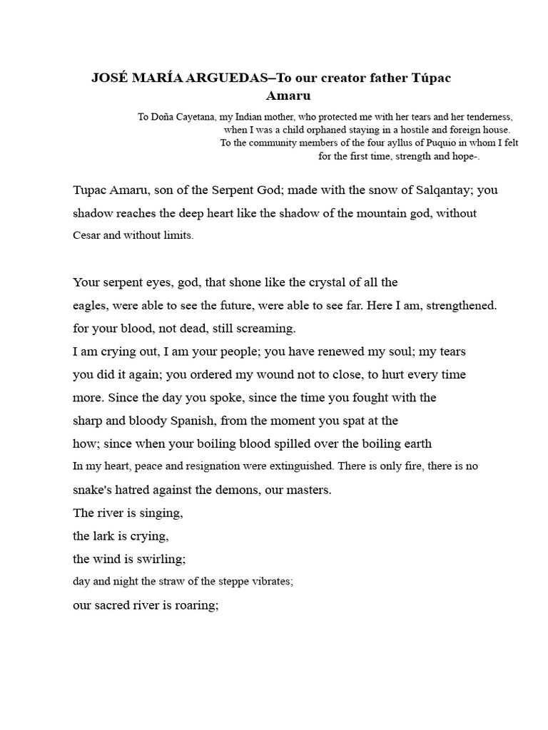 José María Arguedas - To Our Creator Father Túpac Amaru | PDF