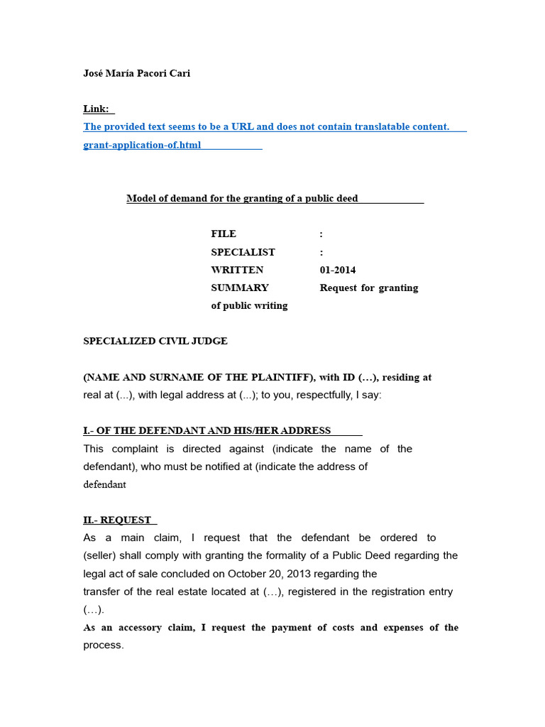 Model of Request for Granting of Public Deed | PDF | Deed | Notary Public