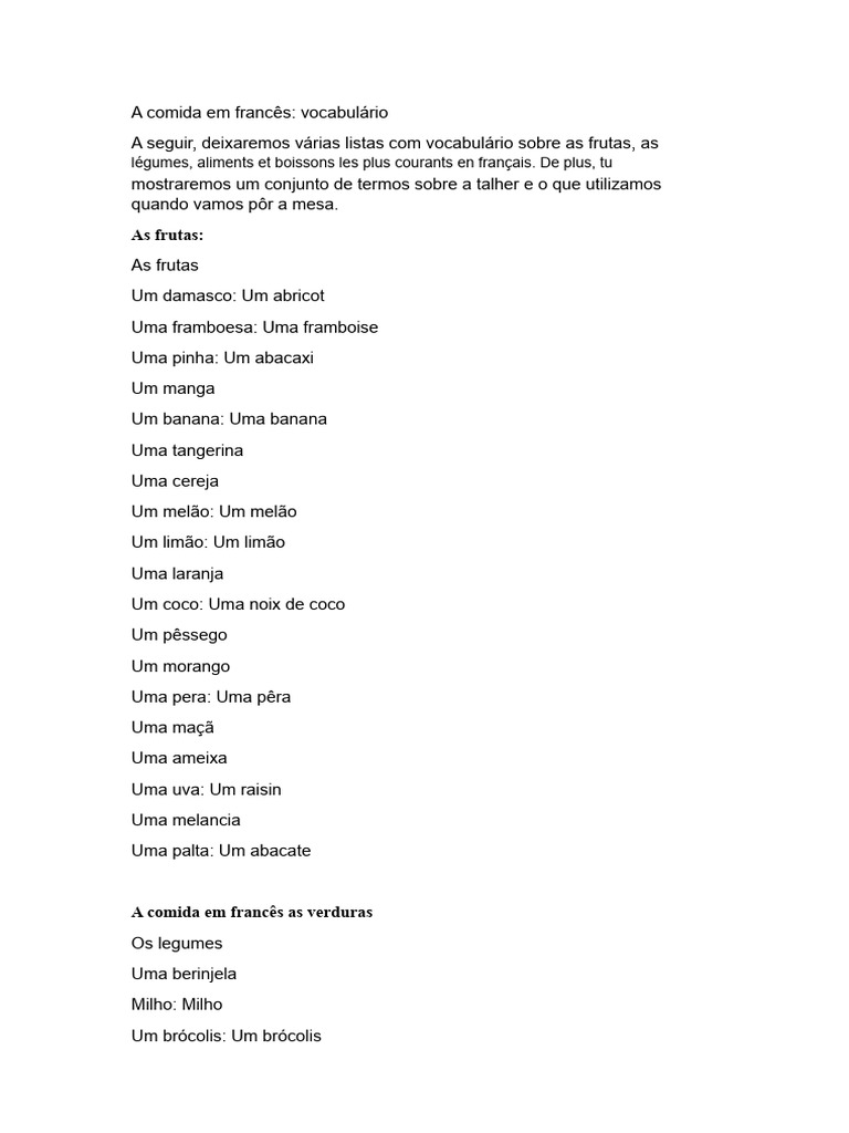 Vocabulário de Comida em Francês | PDF