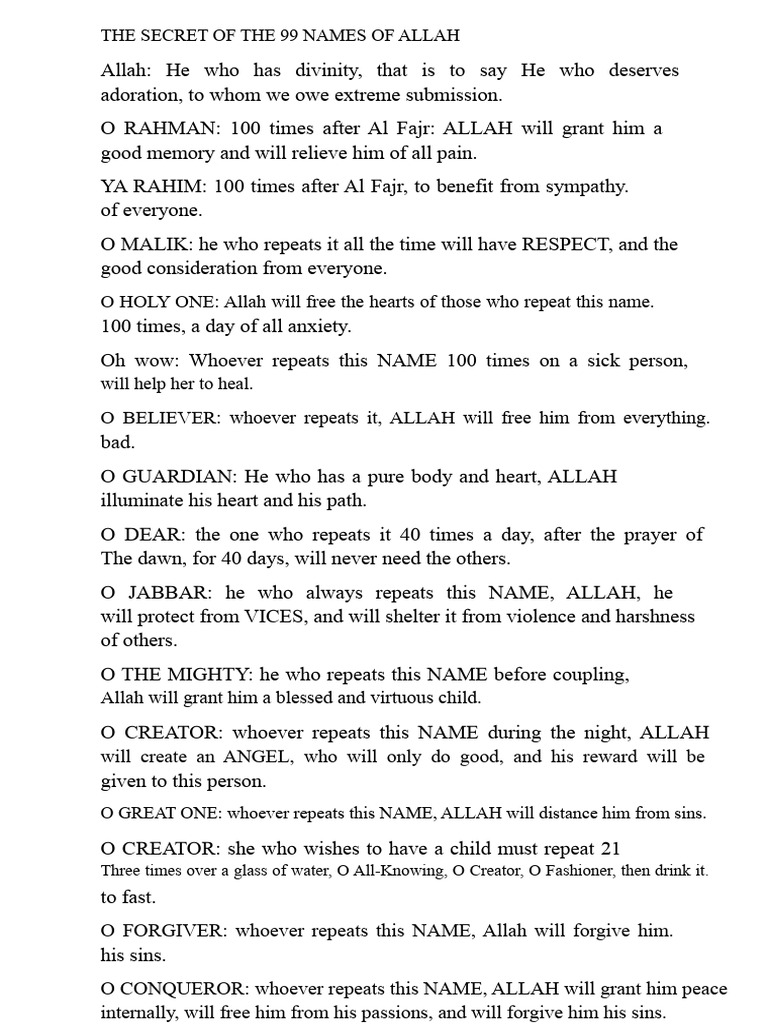 Benefits of Allah's 99 Names | PDF | Prayer | Religious Belief And Doctrine