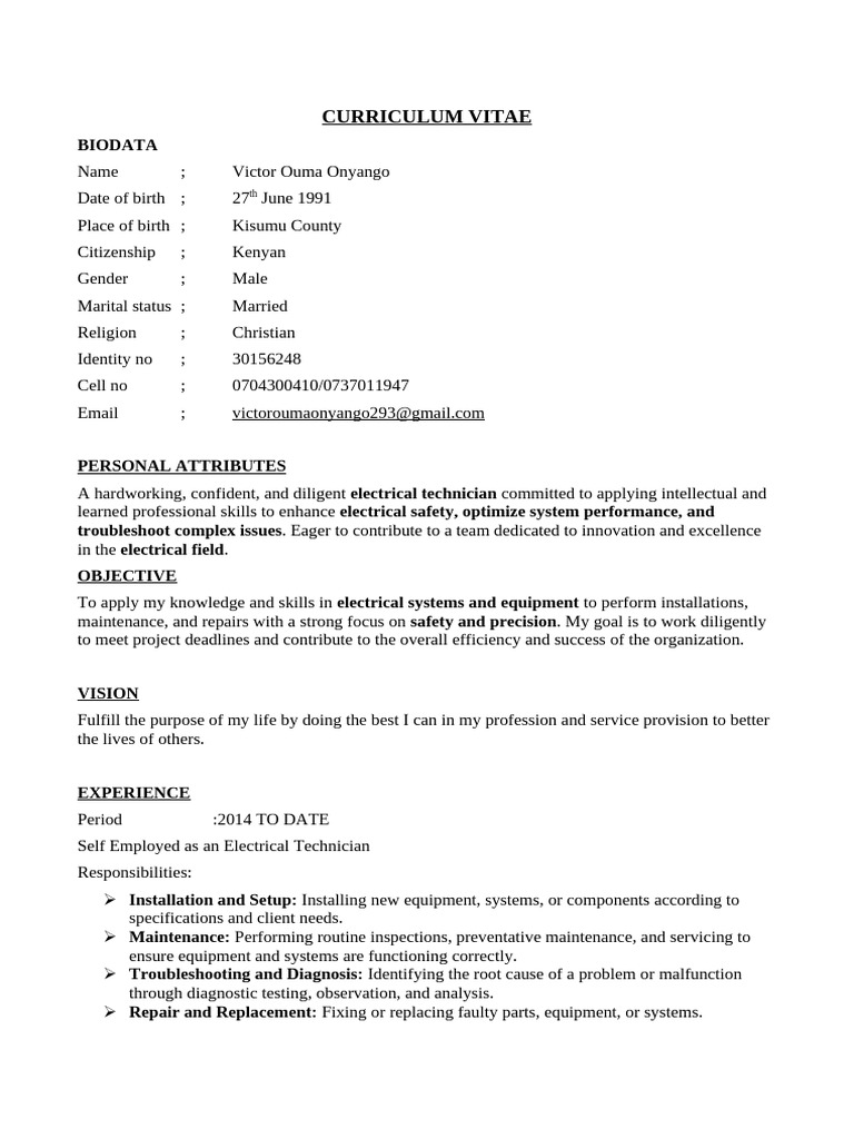 Curriculum Vitae Victor Ouma Onyango | PDF | Electrician | Troubleshooting