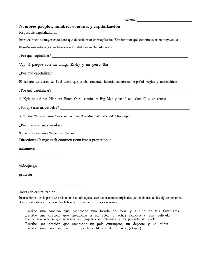 Hoja de Trabajo Sobre Sustantivos Comunes y Propios y Capitalización | PDF