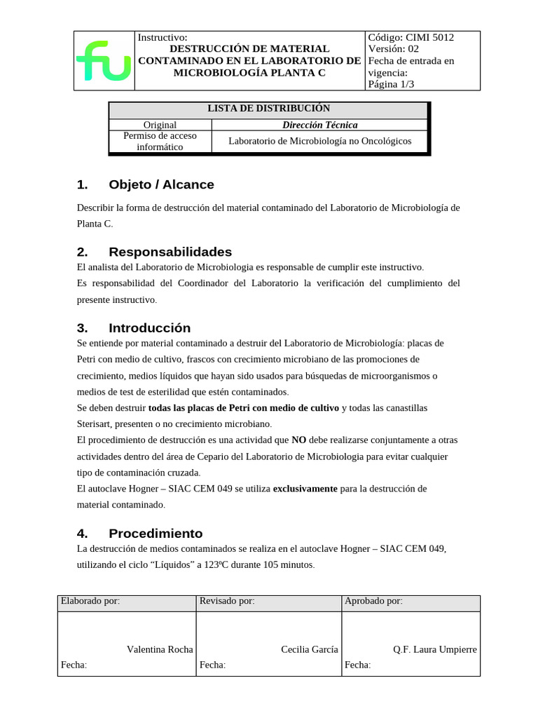CIMI 5012 v02 Destruccion de Material Contaminado PC | PDF | Microbiología | Laboratorios