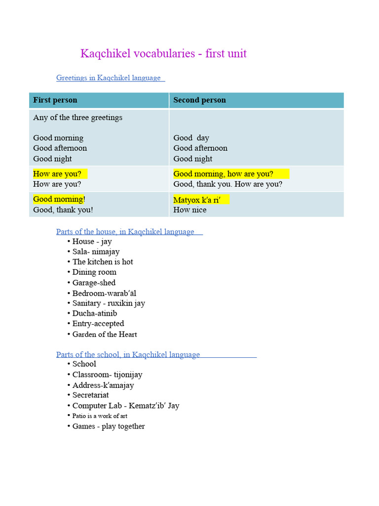 Vocabularies Kaqchikel - First Unit | PDF