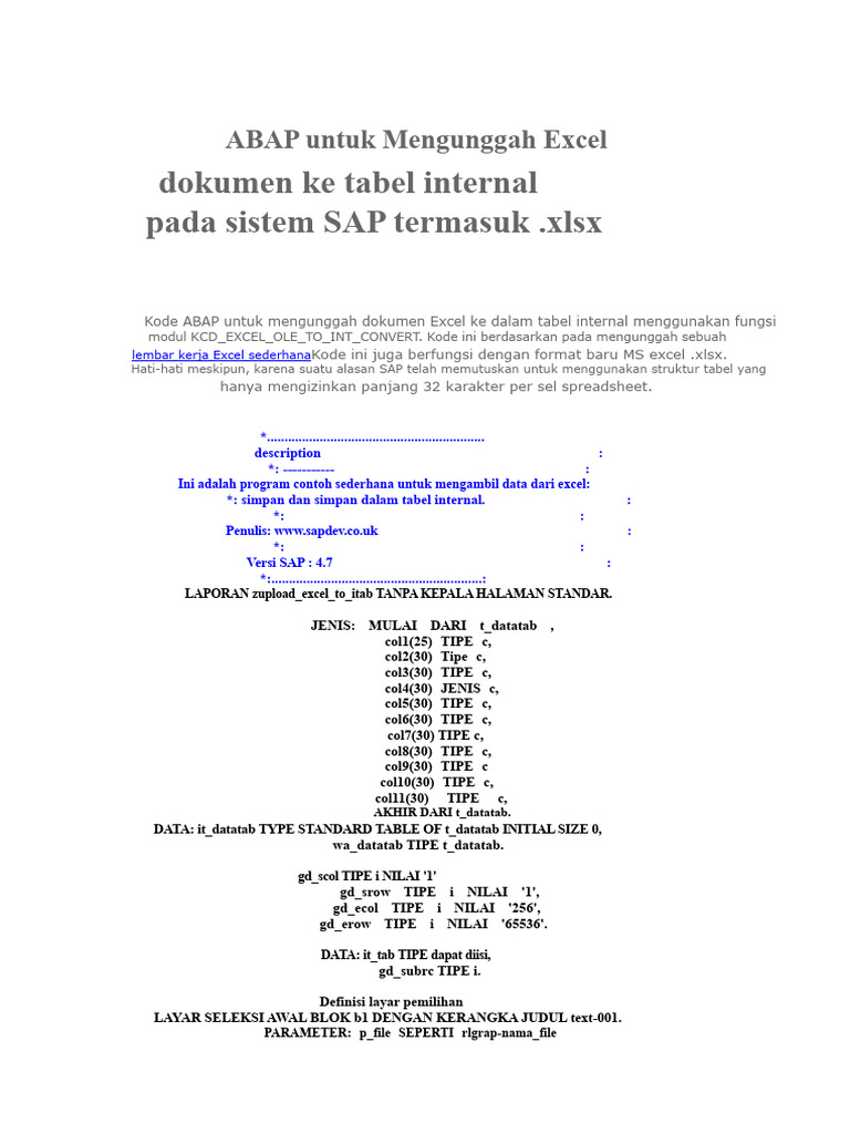 ABAP: Unggah Excel ke Tabel Internal | PDF