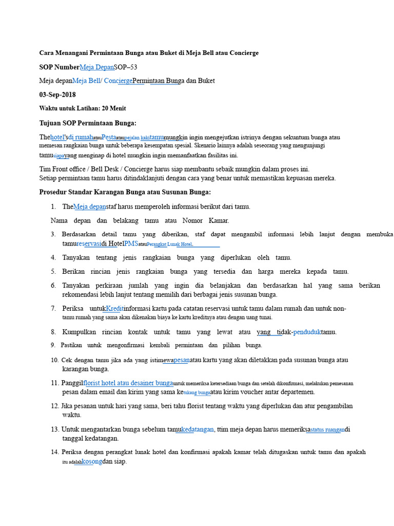 Sop Penataan Bunga Di Hotel | PDF