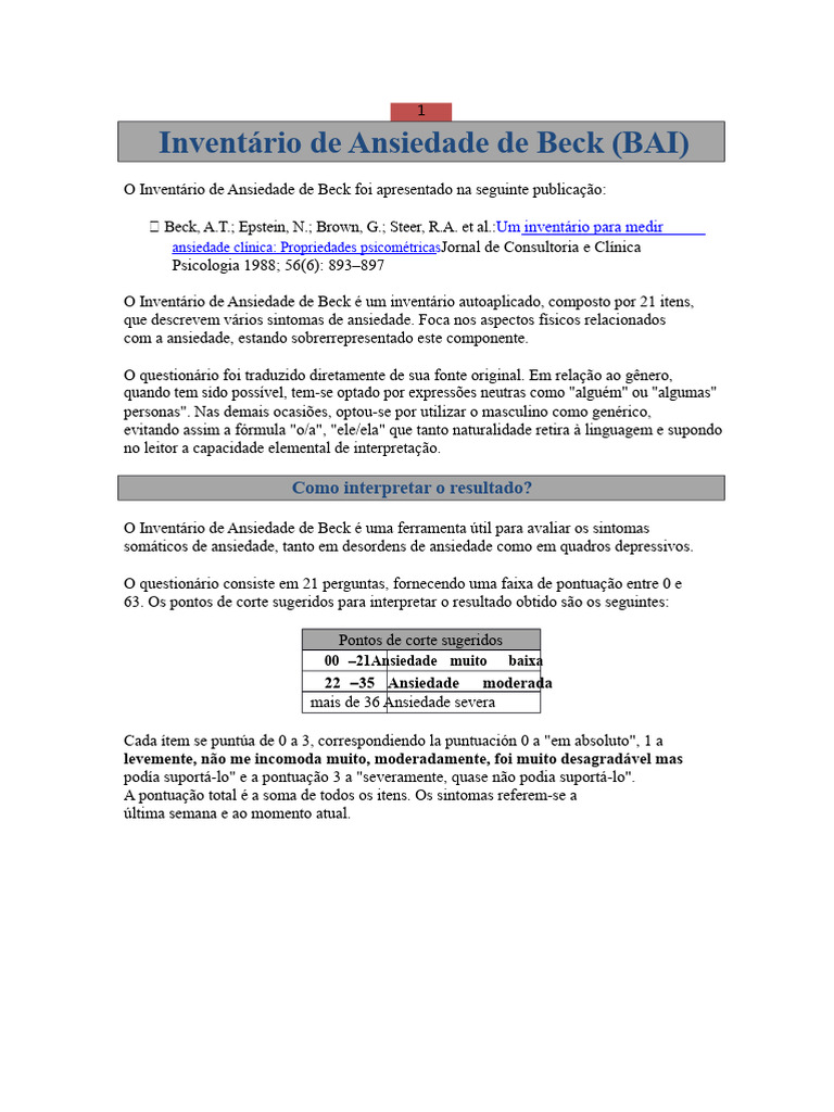 Inventário de Ansiedade de Beck | PDF | Ansiedade | Depressão