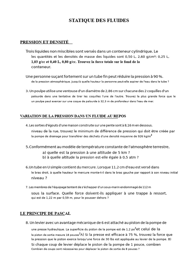 Statique et dynamique des fluides expliquées | PDF | Pression | Pompe