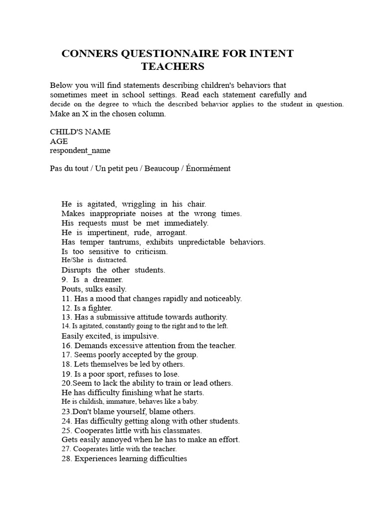Conners Teacher Questionnaire | PDF