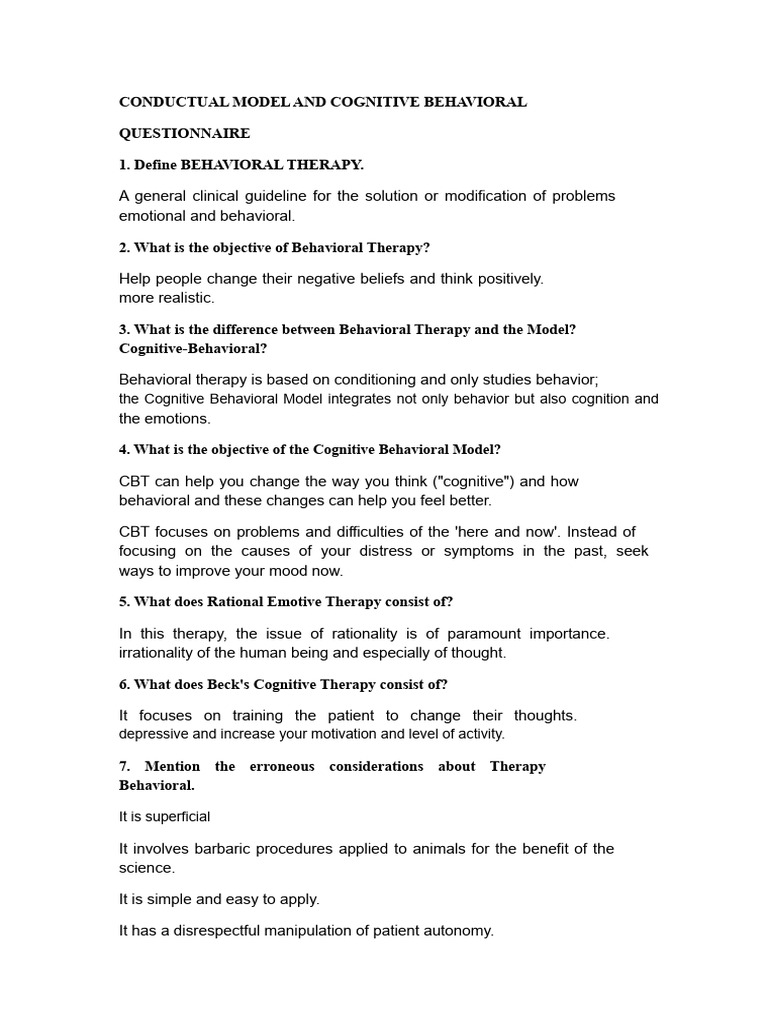 BEHAVIORAL AND COGNITIVE BEHAVIORAL MODEL QUESTIONNAIRE | PDF | Cognitive Behavioral Therapy ...